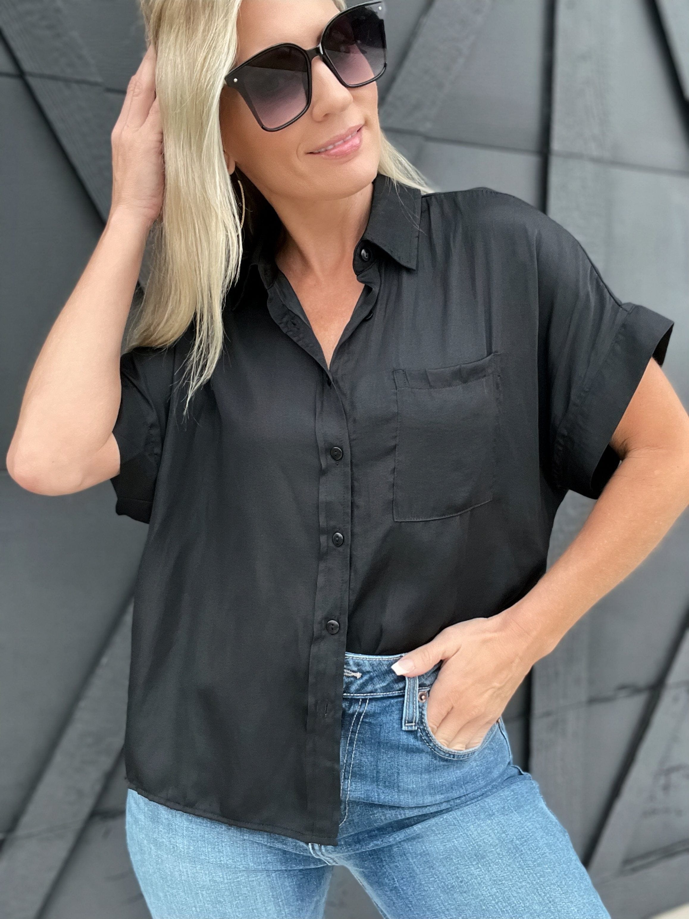 Button Down Pocket Blouse-Black – Infinity Raine